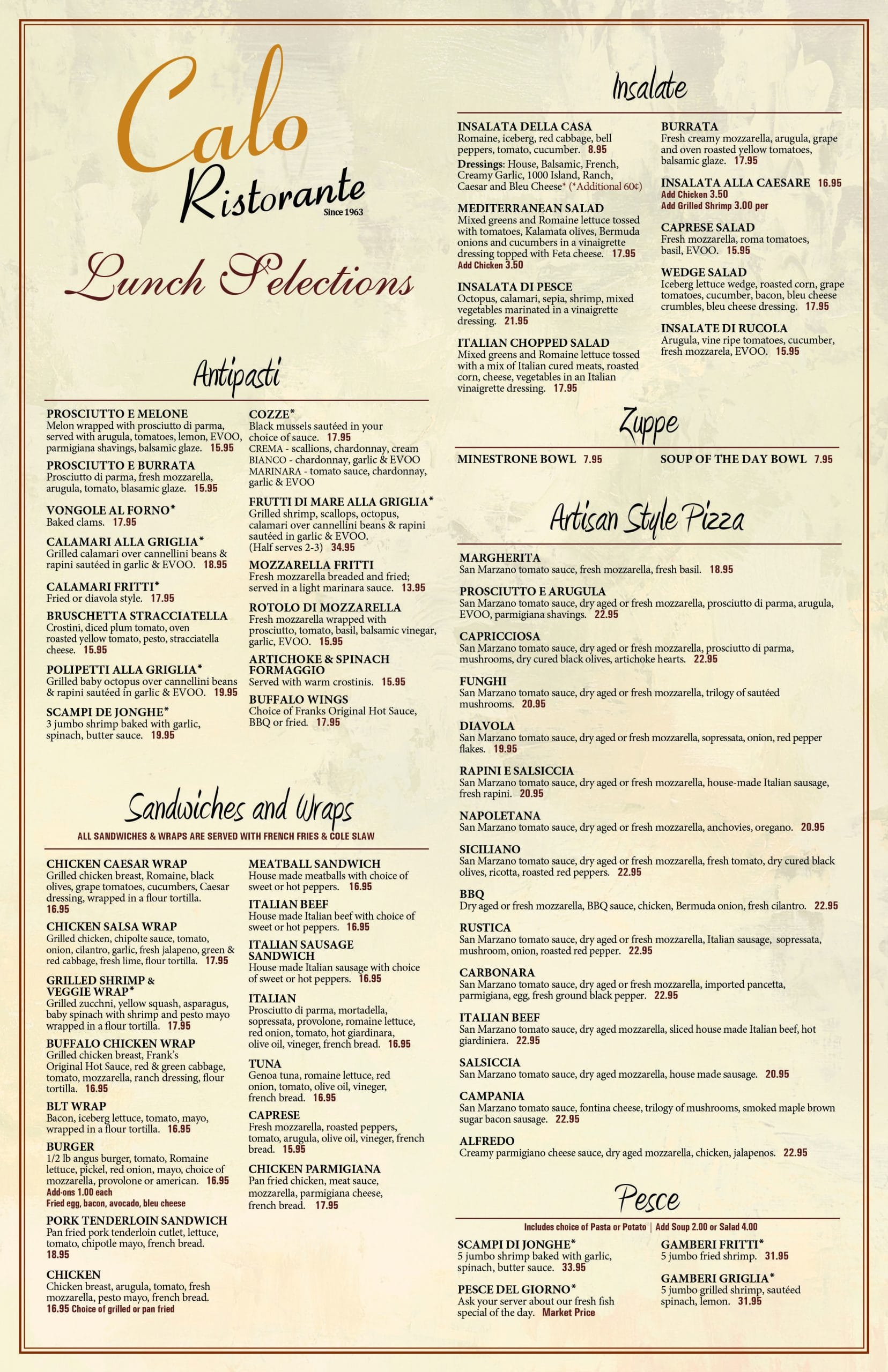 Lunch Menu | Calo Italian Restaurant | Chicago, Andersonville