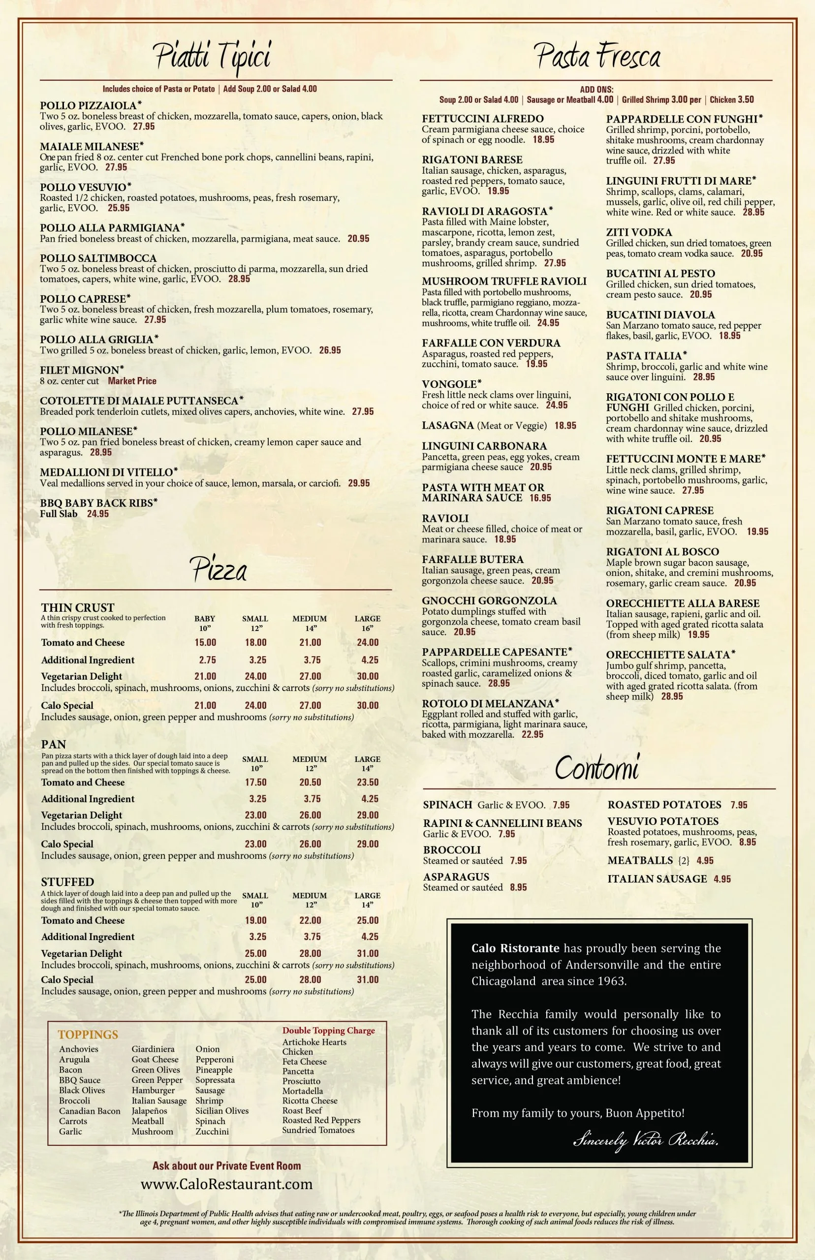 Lunch Menu | Calo Italian Restaurant | Chicago, Andersonville