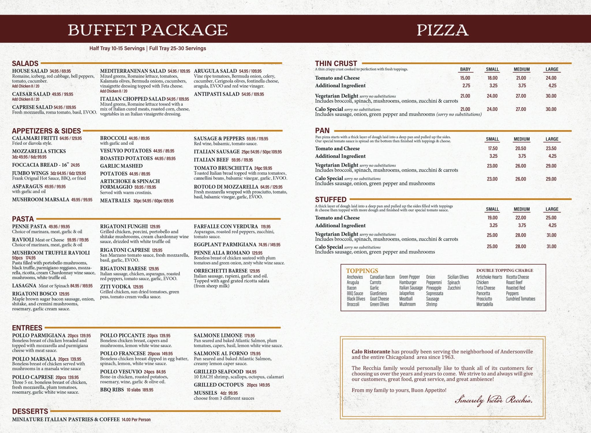 Private Party Menu | Calo Italian Restaurant | Chicago, Andersonville
